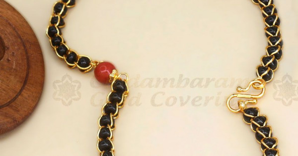 CKMN115 Thick Black Beaded Ruby Coral Stone Chain Gold Plated Pattern