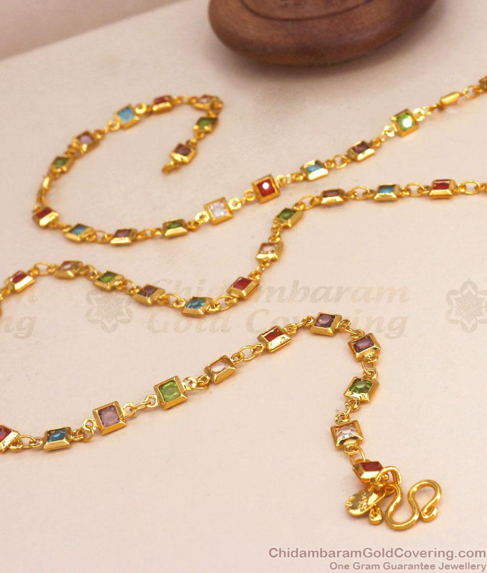 CKMN124 - Navamani Chain Rajasthani Pattern Multi Stone Gold Imitation ...