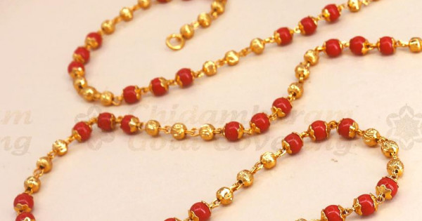 CKMN133 Traditional Red Coral Stone Gold Beaded Chain Shop Online