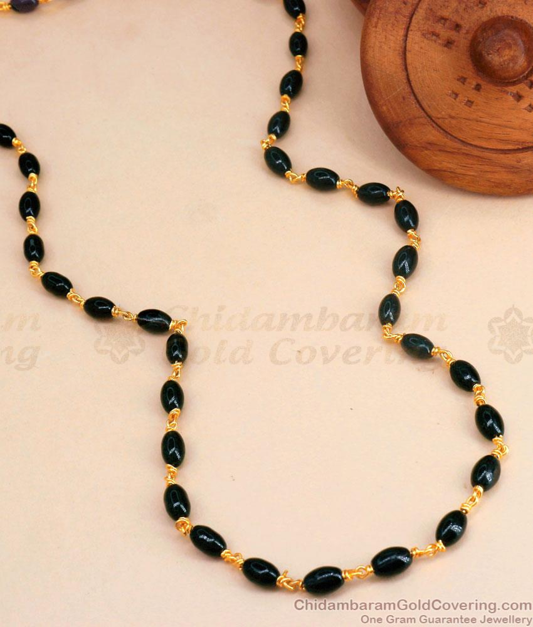 CKMN157-LG 30 Inch Long Black Pearl Malai Gold Imitation Karugamani Chain