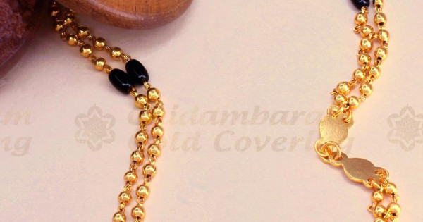 CKMN171 First Quality 2 Line Golden Beads Maalai With Black Crystals