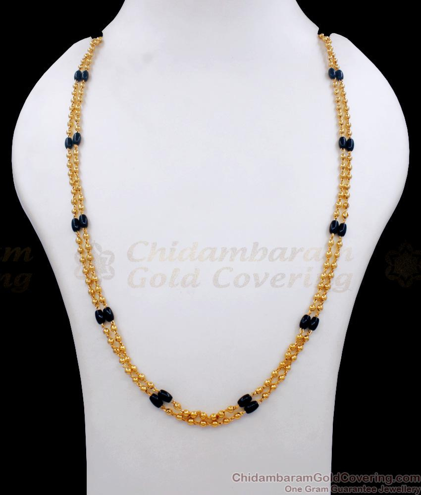 CKMN171 First Quality 2 Line Golden Beads Maalai With Black Crystals
