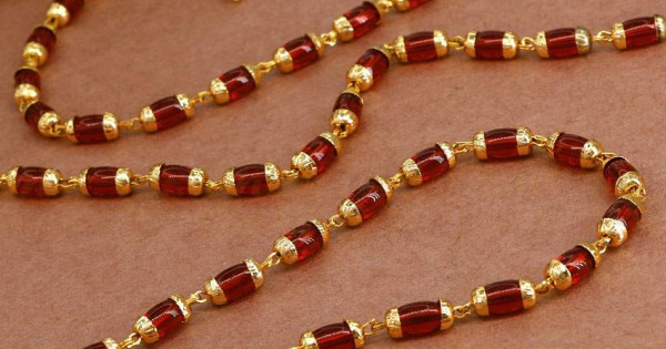 CKMN183-Lg 30 inch Long Traditional Ruby Stone Beads Gold Chain Collections