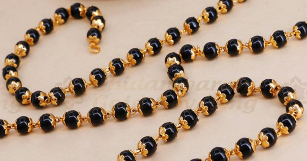 CKMN207 Traditional Black Beaded 1 Gram Gold Chain For Daily Use