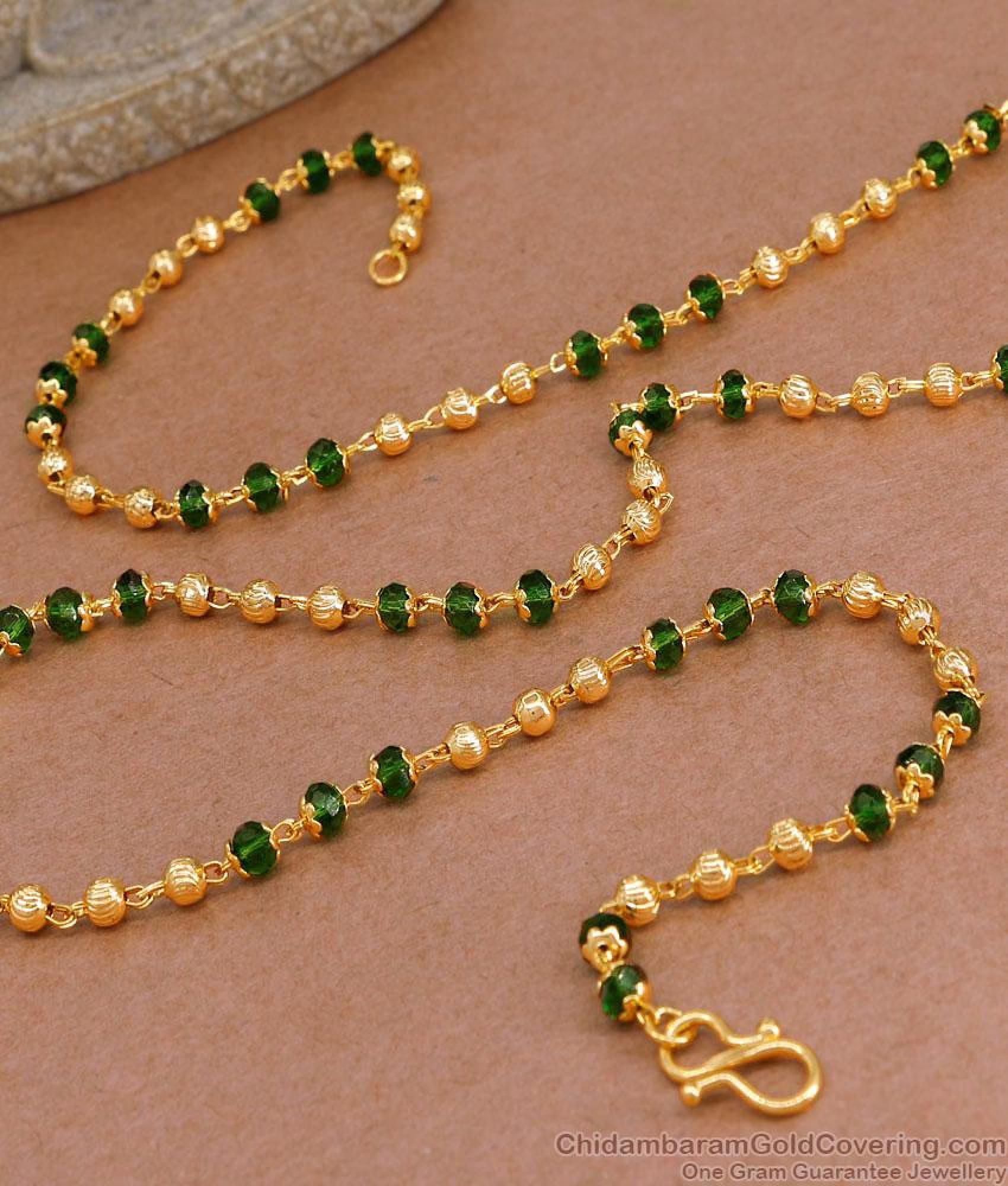 CKMN223 Stylish Green Beads Gold Plated Chain Design Online
