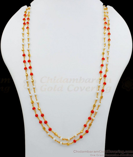 CKMN50-LG 30 Inches Double Line Red Crsytal One Gram Gold Pearl Chain ...