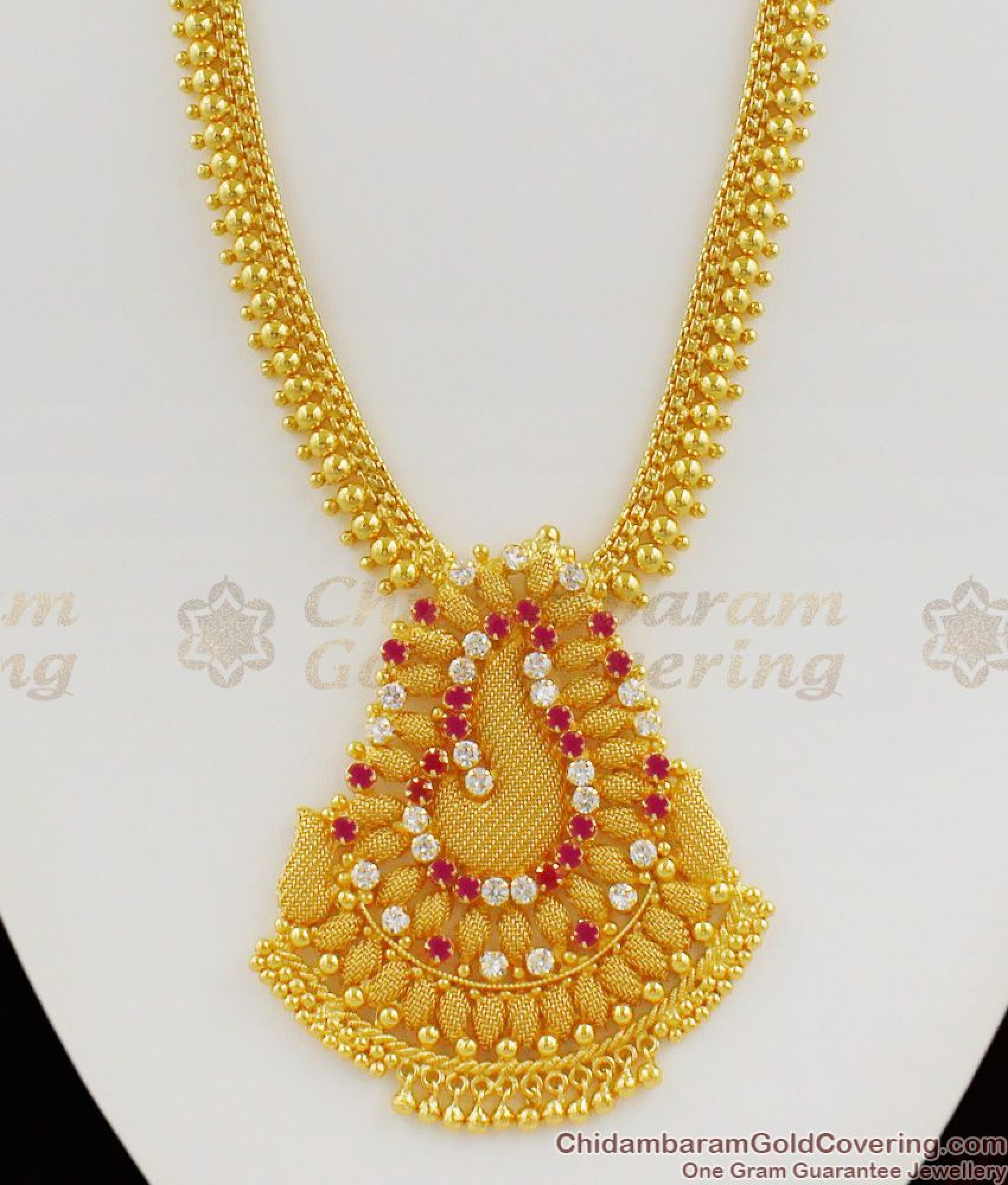 Traditional Kerala Pattern Ruby White Stone Gold Plated Haram For ...