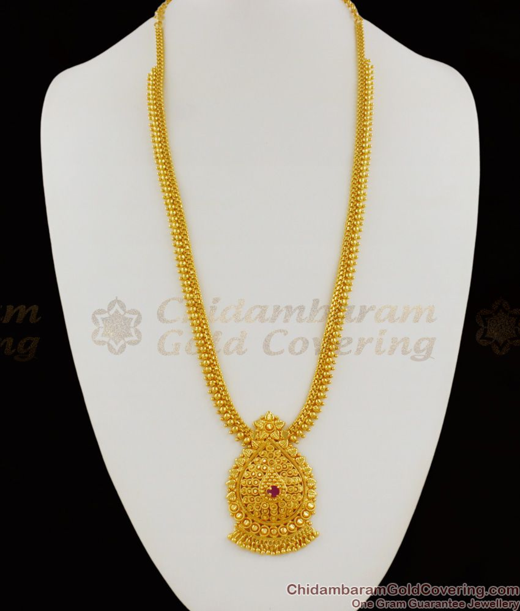 Traditional Dollar Design Long Haram Chain With Ruby Stone And Beads ...