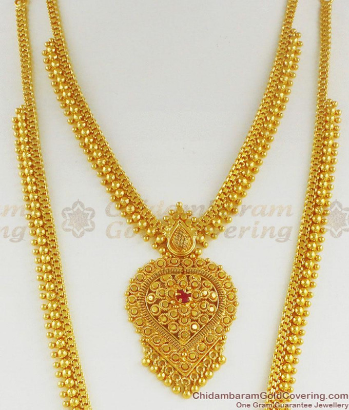 Haaram and Necklace Combo Sets, Long Kasu Malai, Ruby Stone Gold Plated ...