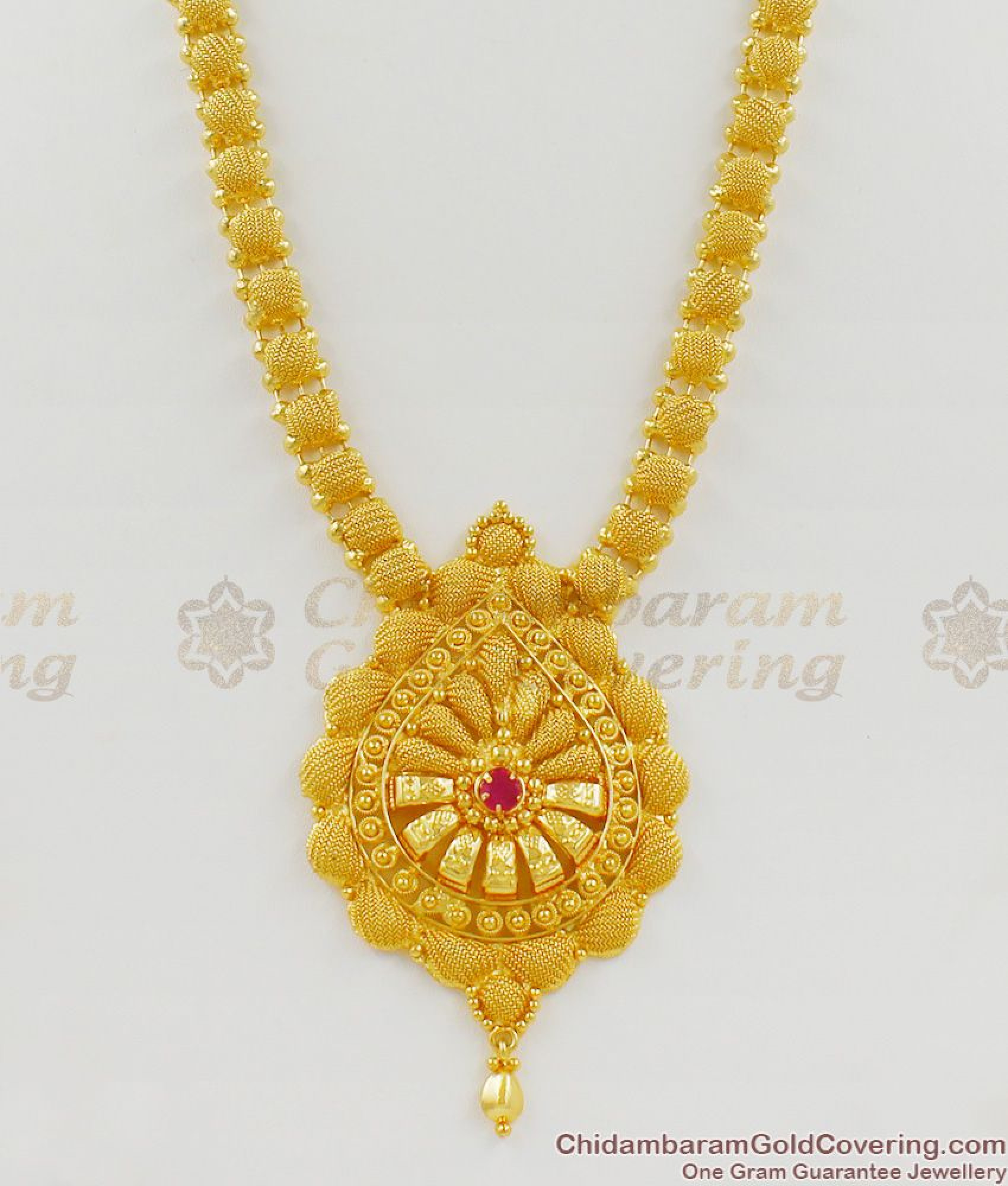 Grand Kerala Model Single Ruby Stone Gold Net Pattern Regular Haram ...