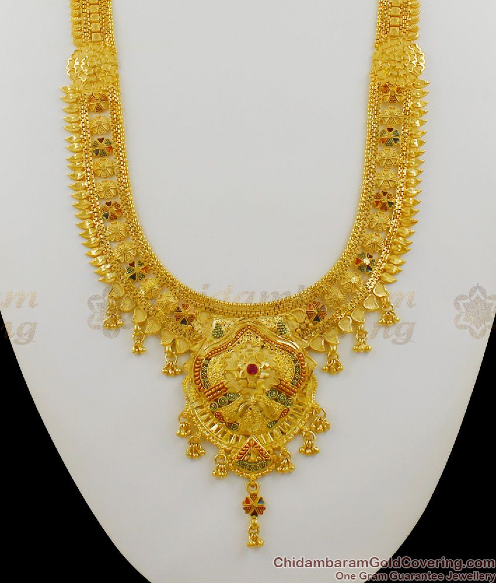 Pale Yellow Finish Enamel Forming Gold Bridal Haaram With Earrings ...
