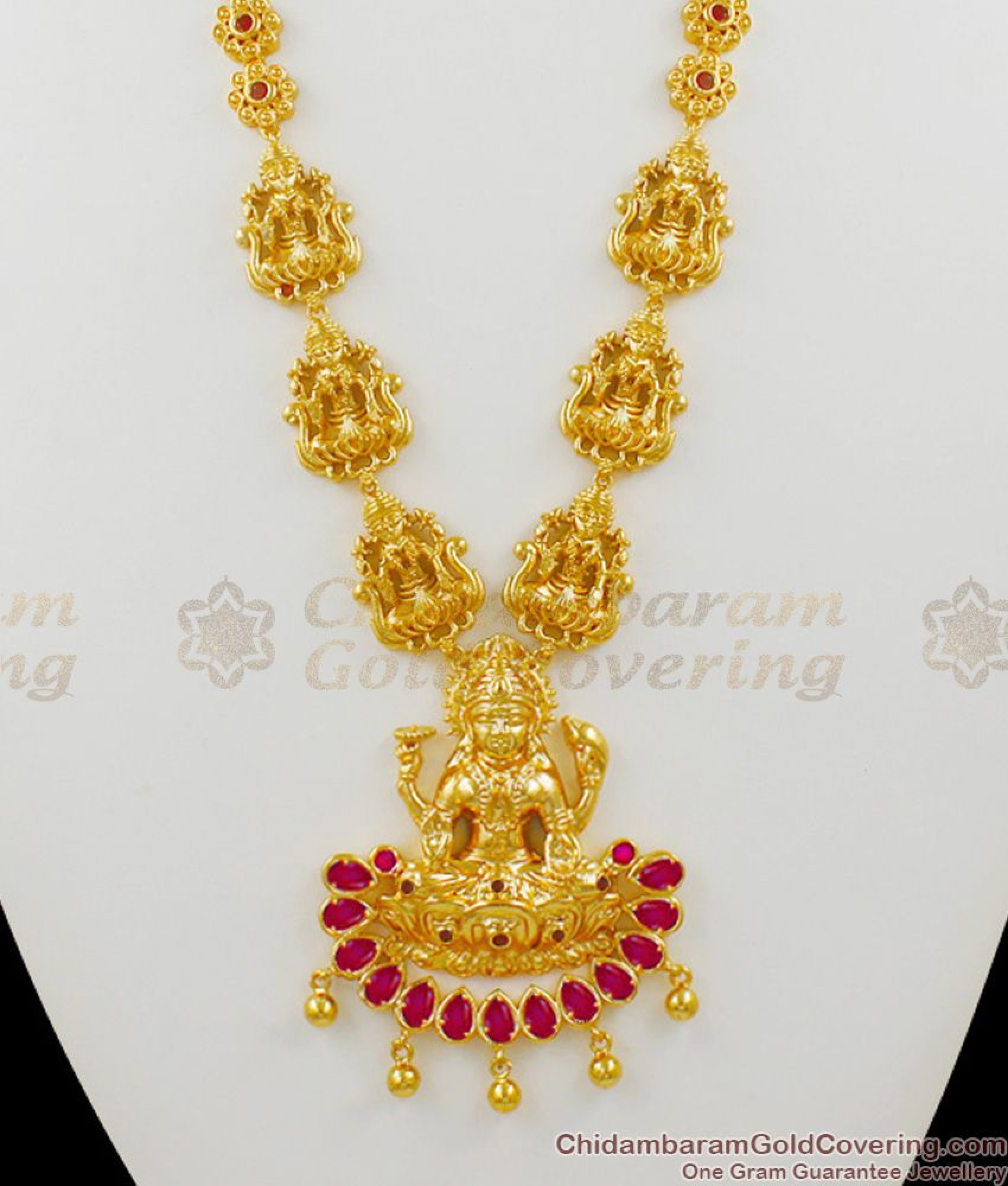 Traditional Full Ruby Stone Gold Lakshmi Dollar Long Haram Chain For ...