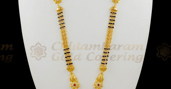 Forming Gold Three Line Mangalsutra Black Beaded Long Thali Chain ...