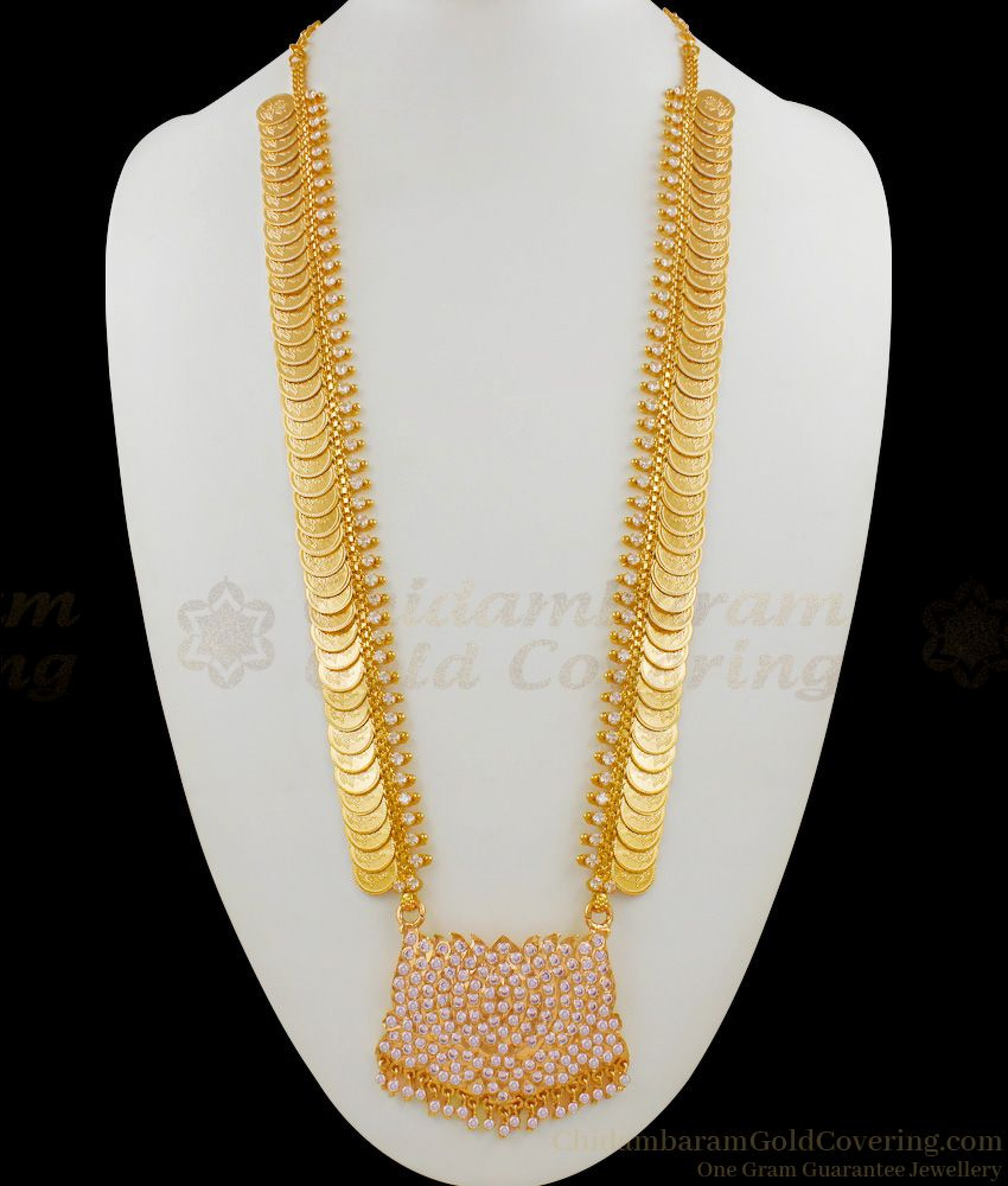 Grand Lotus Kasu Malai Impon Gold Haaram With Full White Stone Dollar ...