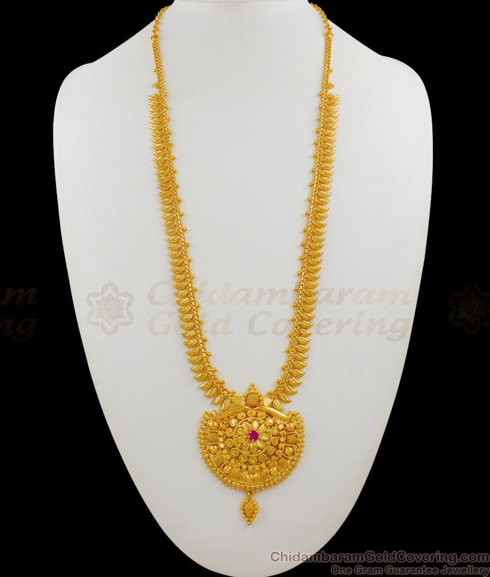 South Indian Bridal Design Gold Plated Haaram With White Stone Dollar ...
