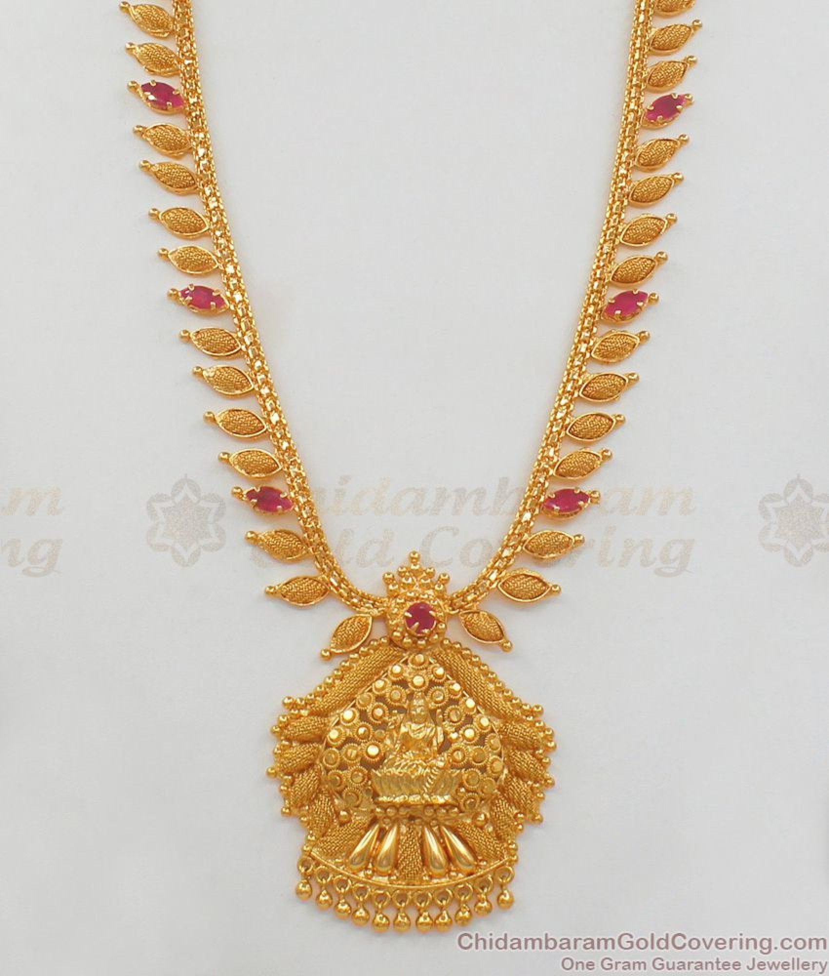 Buy Real Gold Haaram Design With Ruby Stone Long Necklace Jewelry HR1698