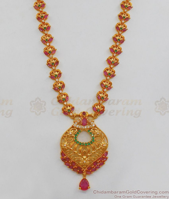 Kasu Malai, Ruby Stone Gold Plated Aaram, American Diamond Aaram ...