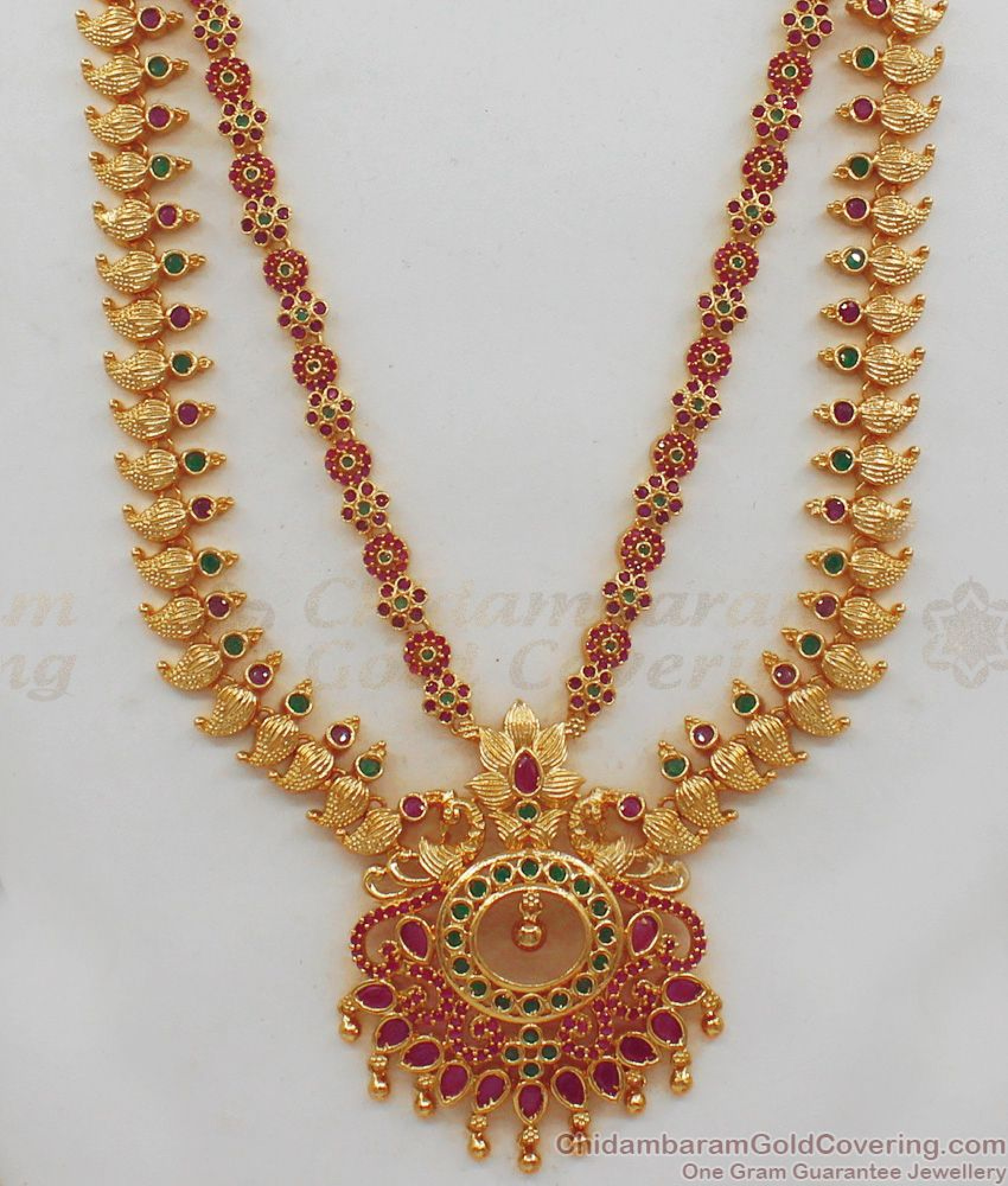 Buy Online Grand Ruby And Emerald Gold Haaram Design For Wedding ...