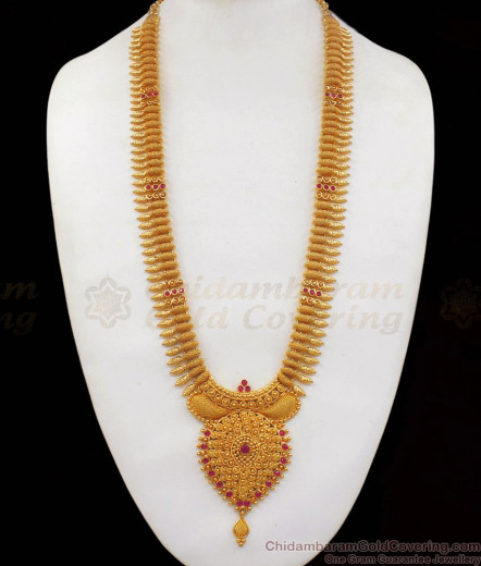 Bridal Wear Red Crystal Mullaipoo Leaf Designer Haram Necklace HR1012