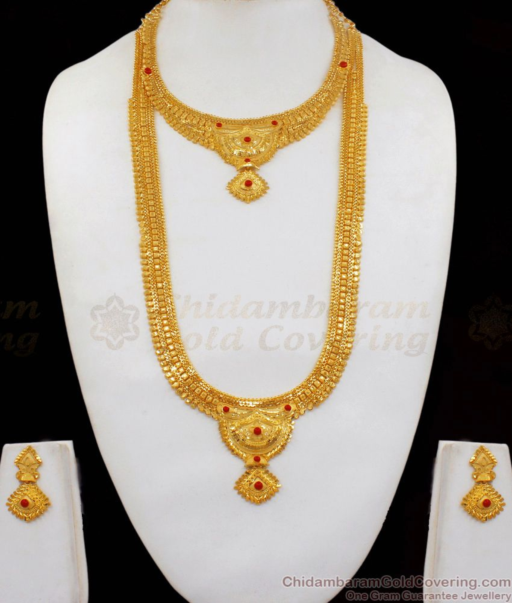 Karnataka Traditional Gold Forming Pavala Stone Long Necklace Combo Set ...