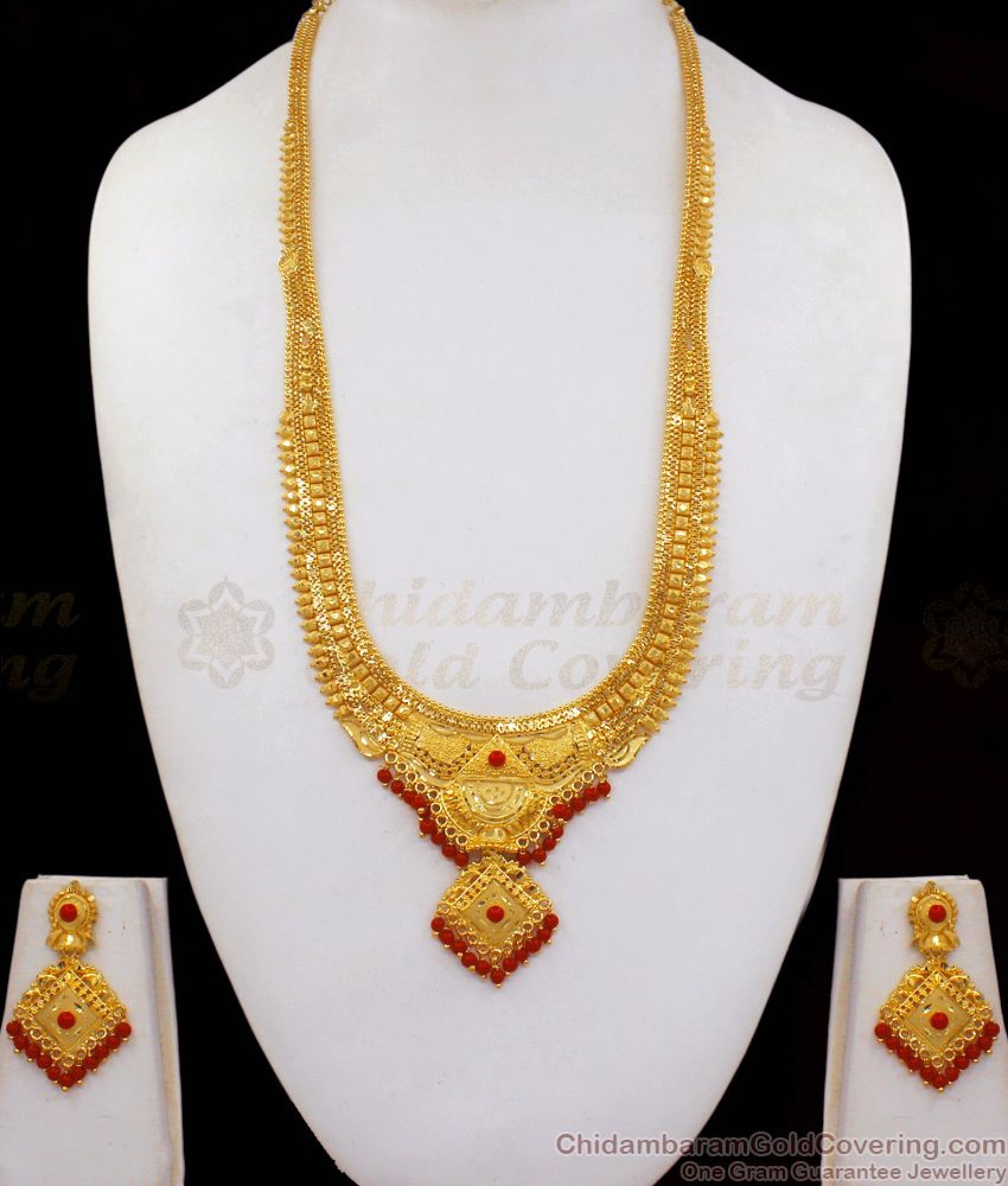 Grand Gold Forming Pavala Stone Haram With Earrings HR1883