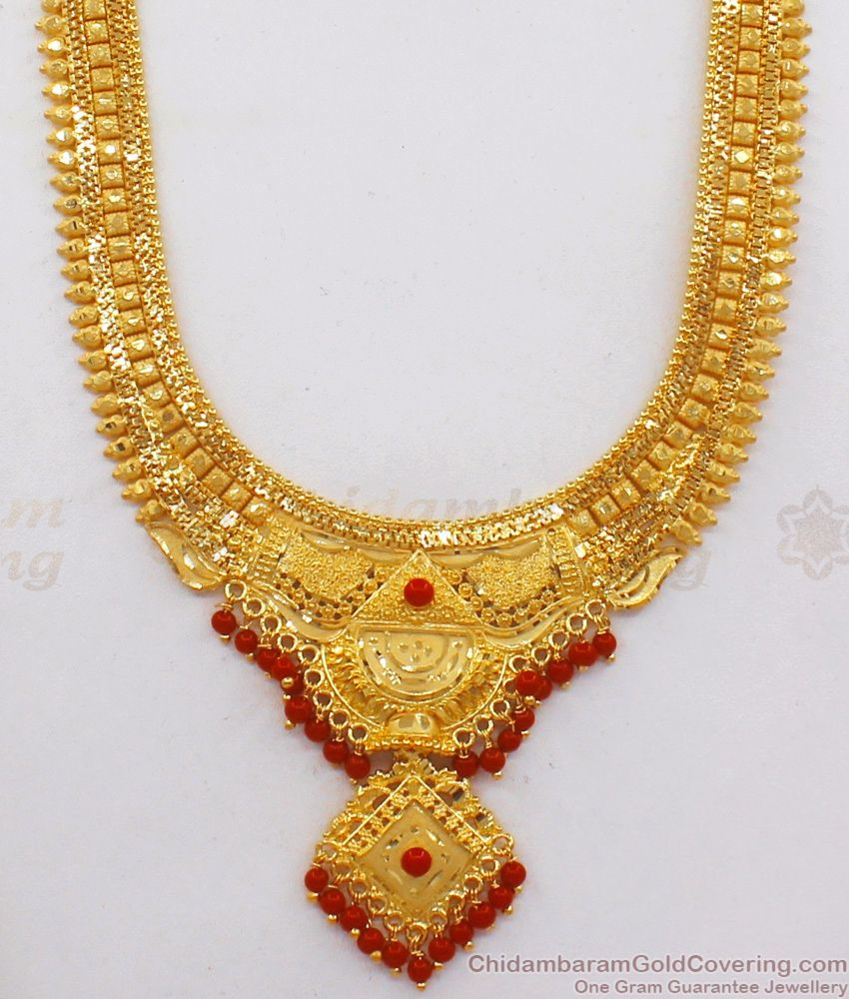 Grand Gold Forming Pavala Stone Haram With Earrings HR1883