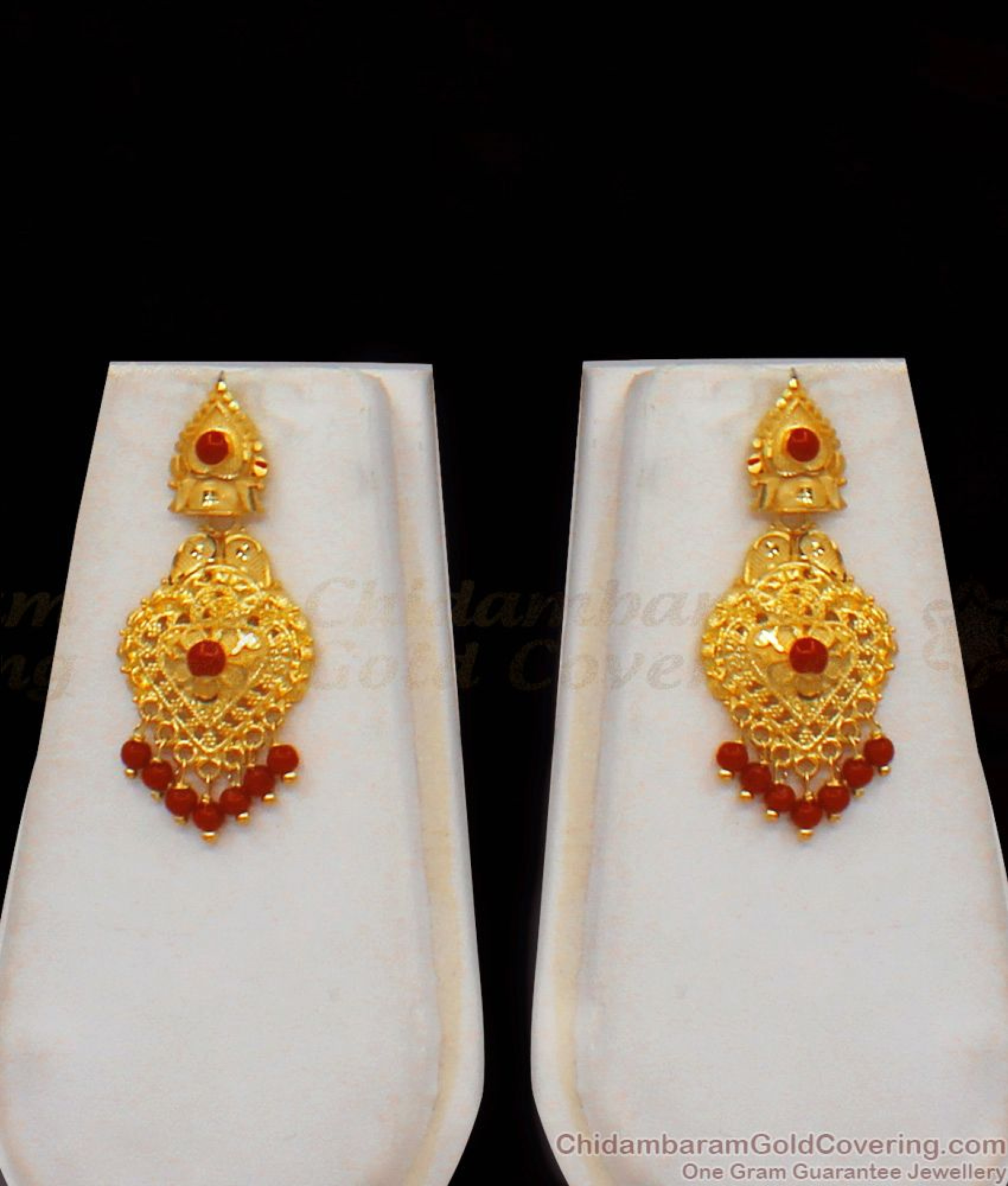 Buy Karnataka Coral Pavala Stone Gold Haaram Forming Pattern Earrings ...