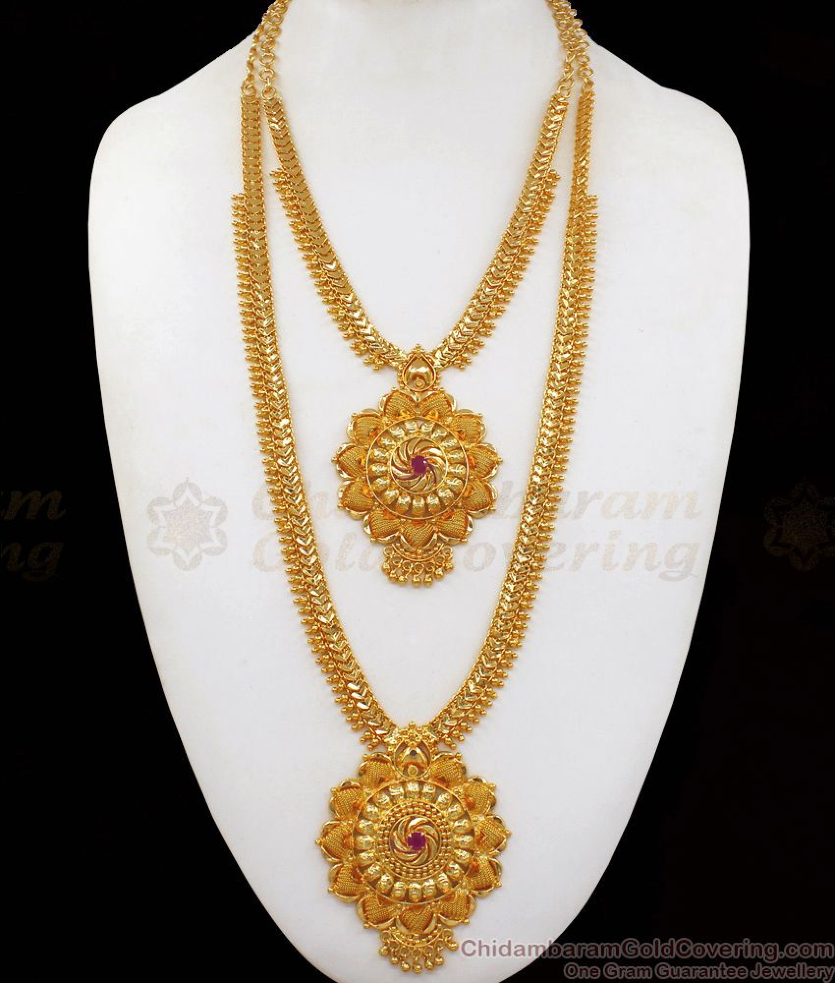 Grand Ruby Stone Bridal Gold Haram Necklace Combo Set HR1922