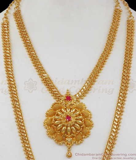 Haaram and Necklace Combo Sets, Long Kasu Malai, Ruby Stone Gold Plated ...