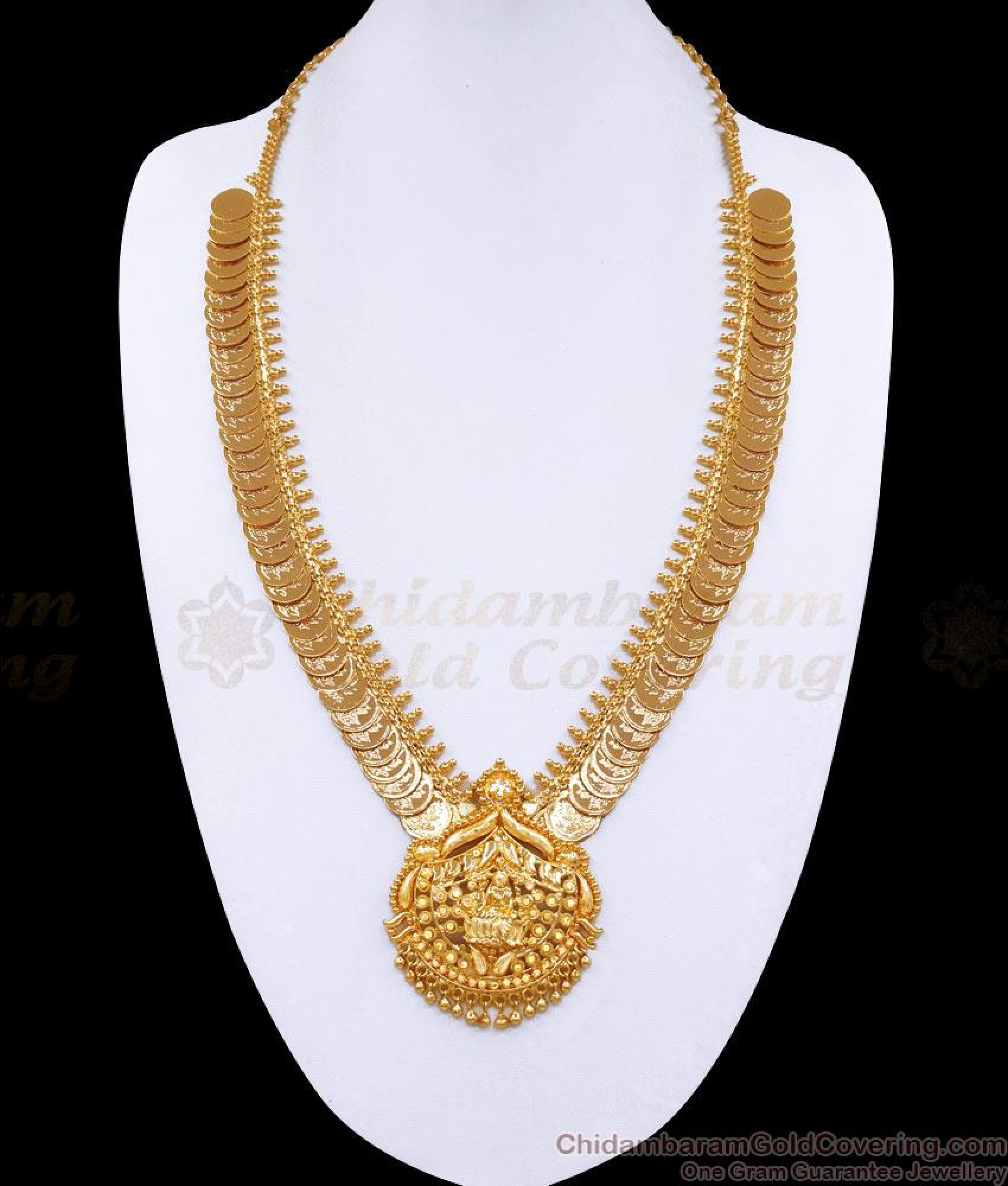 AD White Stone Lakshmi Gold Kasu Malai Haram Design HR1986 AD White Stone Lakshmi Gold Kasu Malai Haram Design HR1986