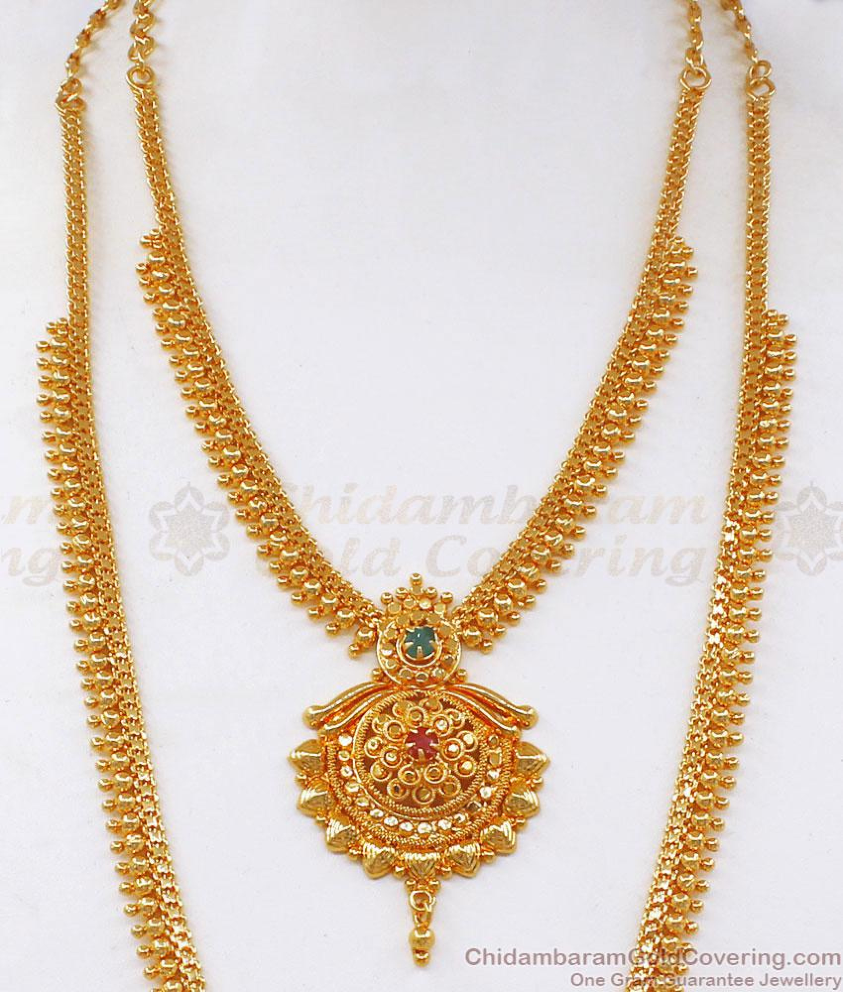 Kerala Gold Tone Haram Necklace Beads Design Ruby Green Stone ...