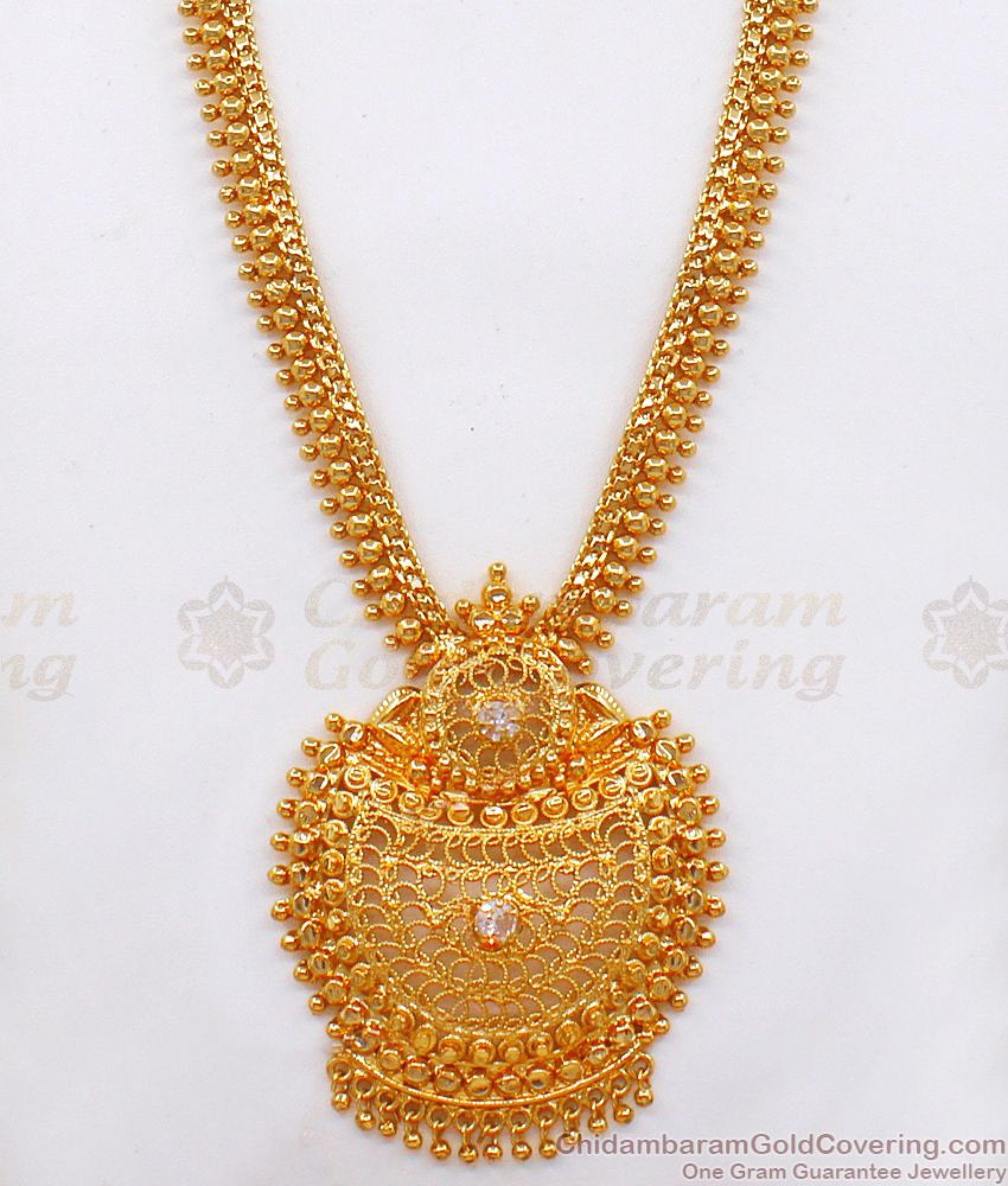 Attractive Design White Stone Pure One Gram Gold Long Haram HR2079