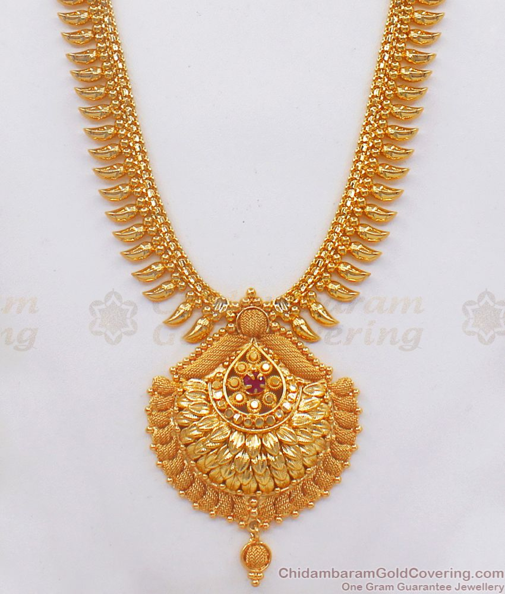 Traditional Wear One Gram Gold Long Haram With Ruby Stone HR2093