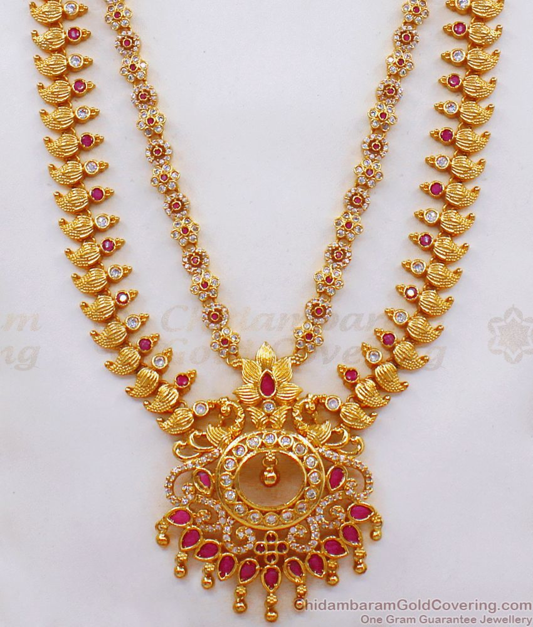 Grand Ruby And Emerald Gold Haaram Design For Wedding Collection HR2106