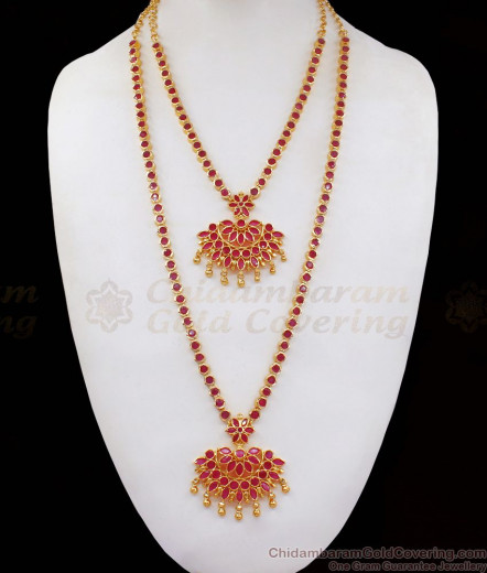 Haaram and Necklace Combo Sets, Long Kasu Malai, Ruby Stone Gold Plated ...