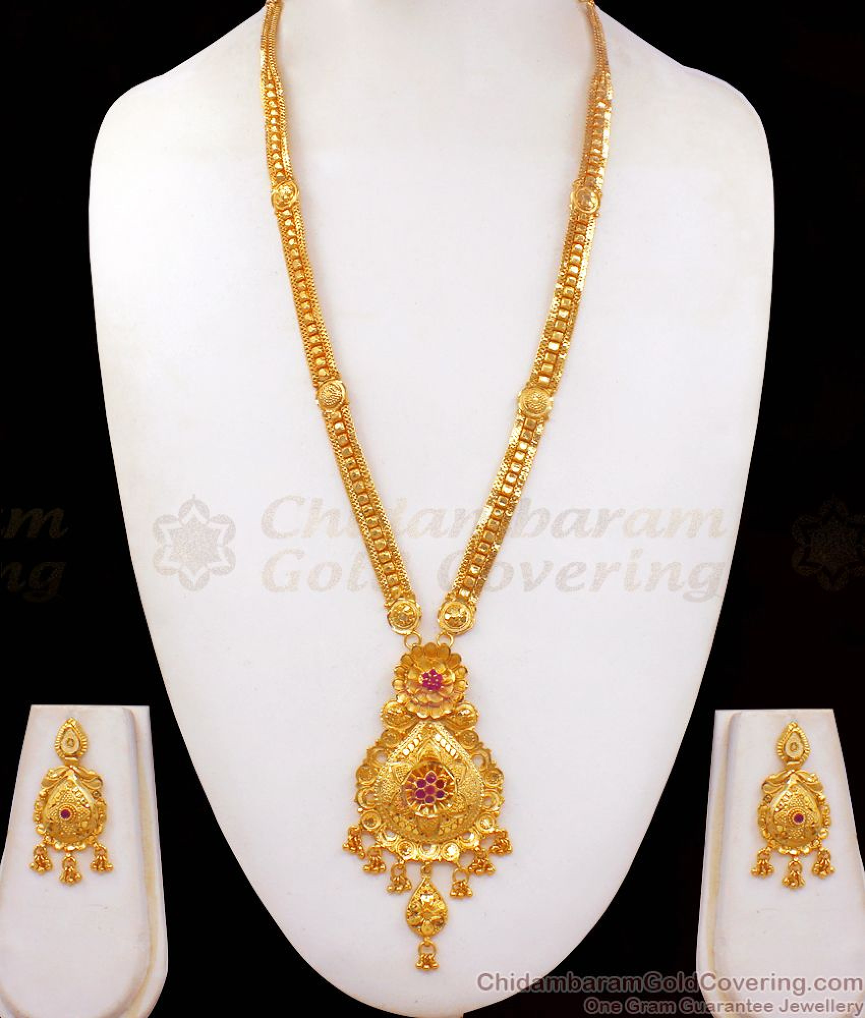 Floral Ruby Stone Forming Gold Haram Earring Combo HR2155