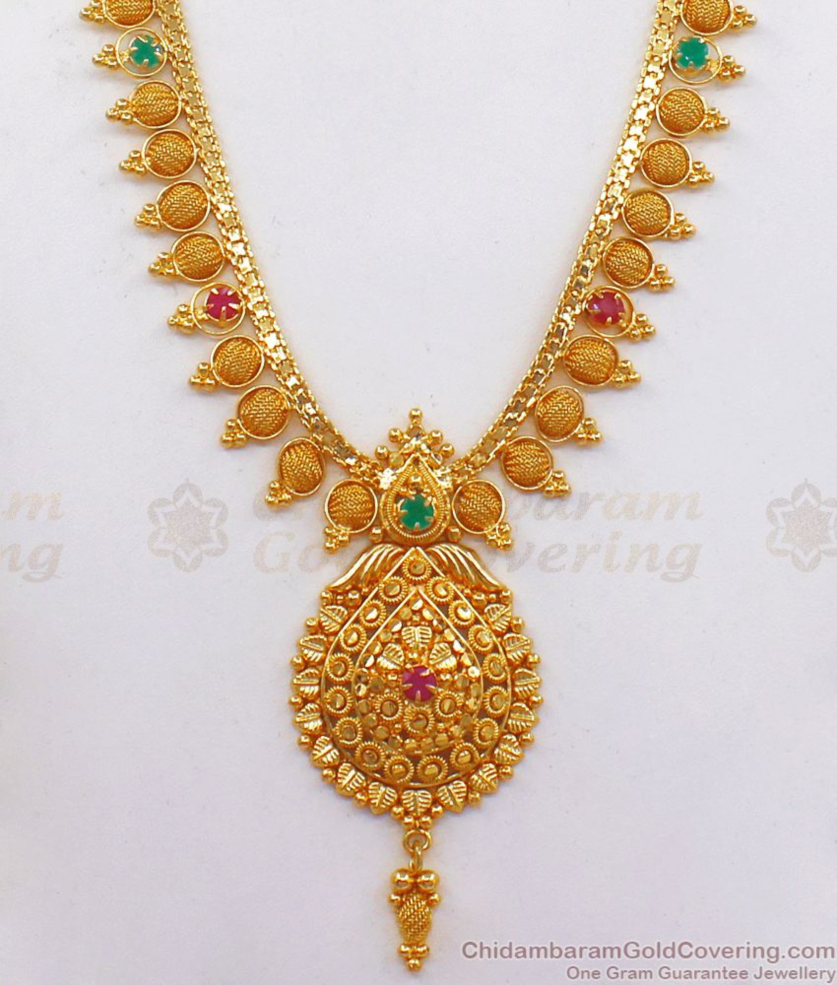 Trendy Net Pattern Ruby Emerald Stone Gold Haram HR2211