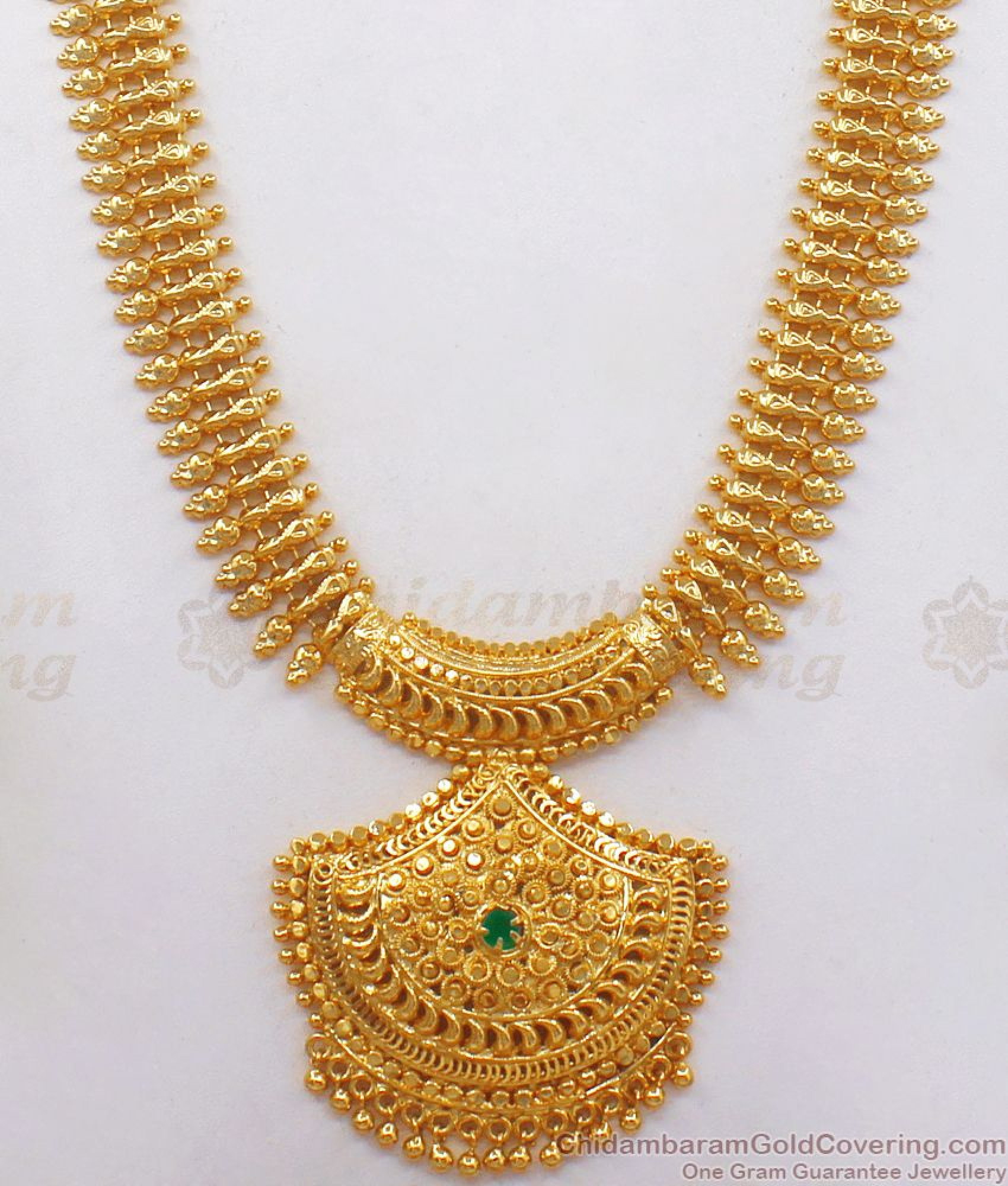 Green Stone Gold Plated Haaram Mullaipoo Design Kerala Bridal Jewelry ...