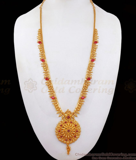 Premium Full Ruby Stone Bridal Wear Long Gold Haram Designs HR2085