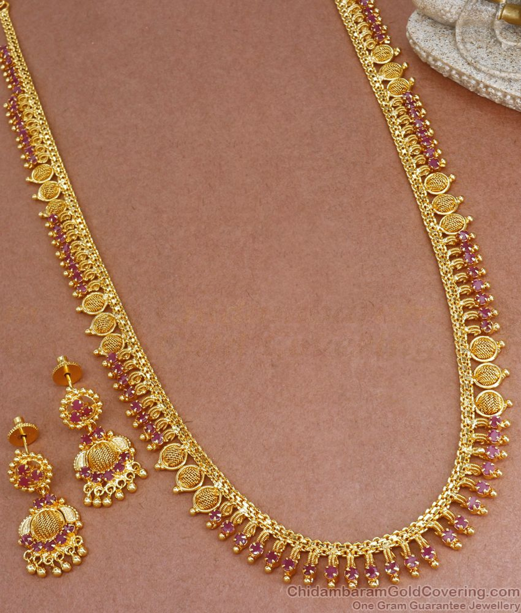 Light Weight Full Ruby Stone Gold Imitation Haram Earring Combo Shop ...