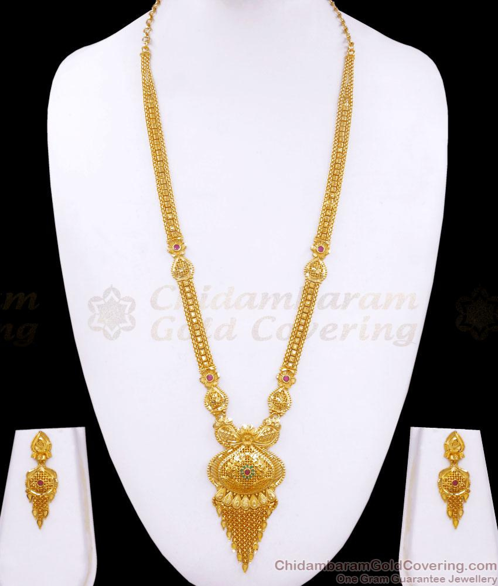 Bridal Two Gram Gold Haram Earring Combo Calcutta Pattern With Stones ...