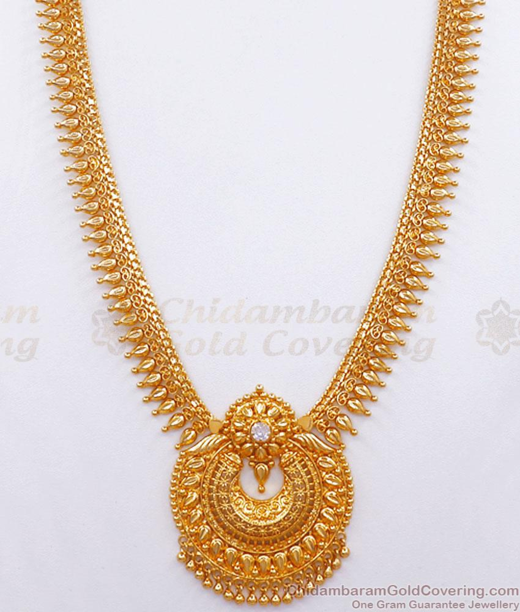Kerala Pattern Mullaipoo 1 Gram Gold Haram White Stone Collections HR2740