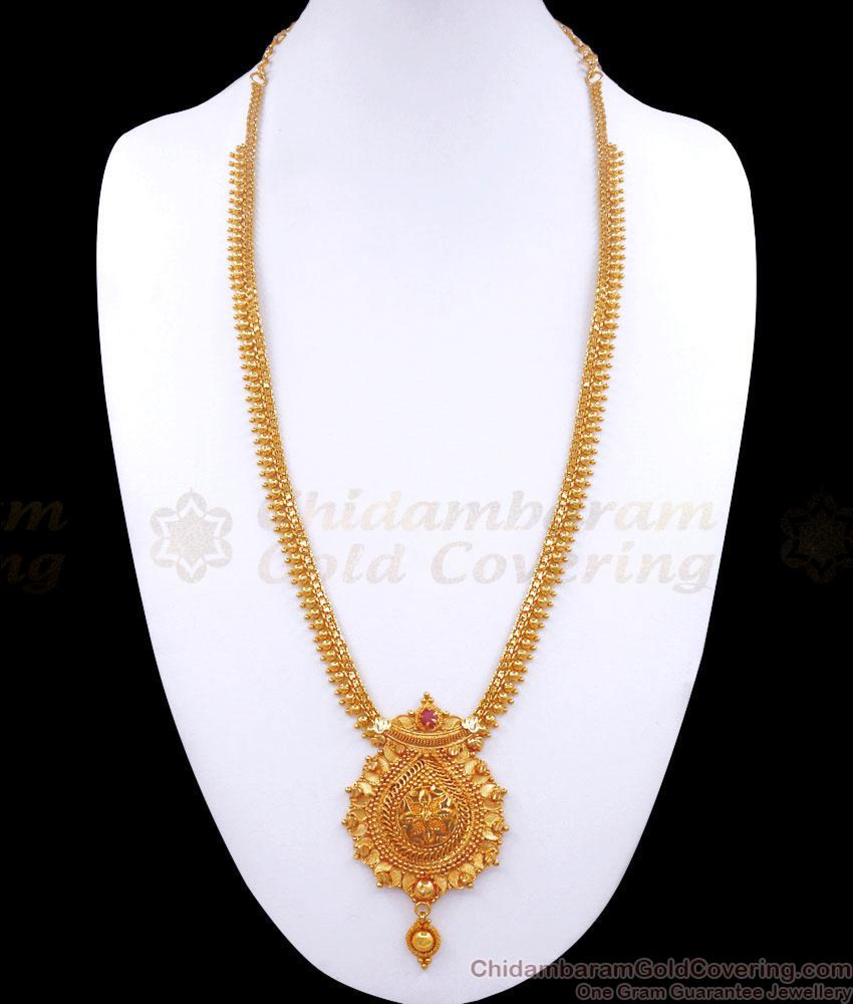 Pure Gold Plated Bridal Haram Single Ruby Stone Golden Beads Designs HR2789