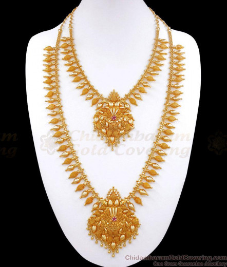 Haaram and Necklace Combo Sets, Long Kasu Malai, Ruby Stone Gold Plated ...
