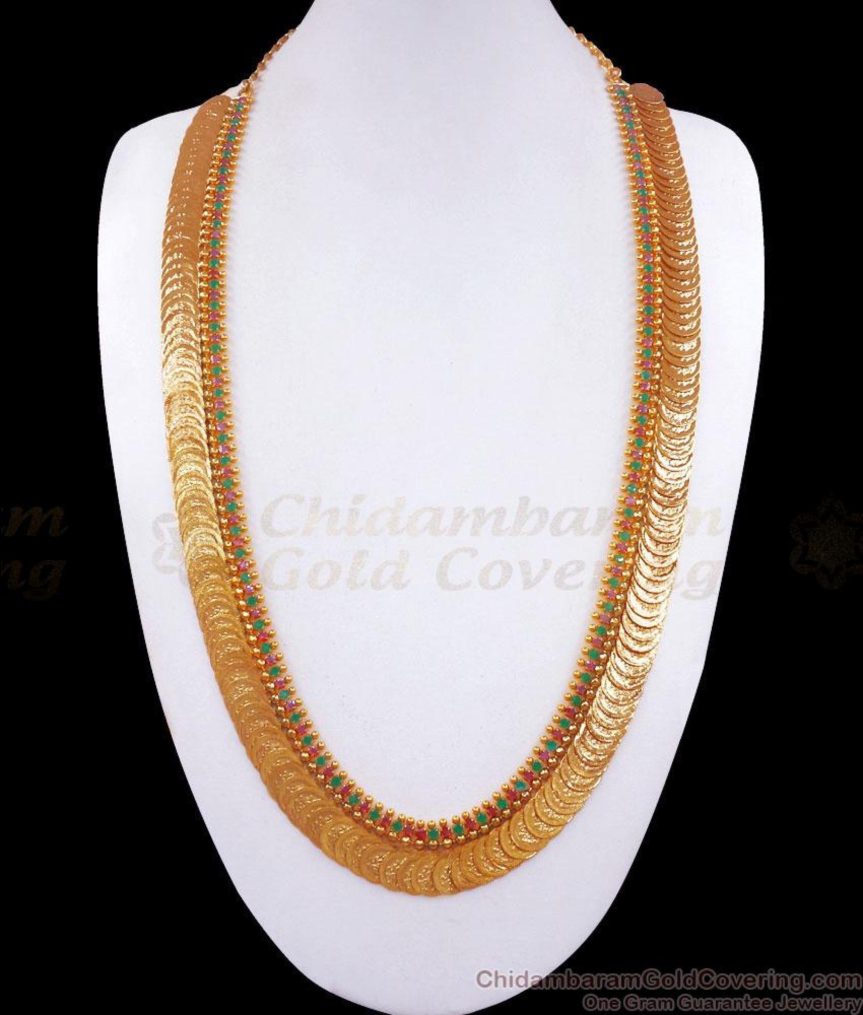 Buy Ruby Green Stone 1 Gram Gold Kasu Haram Lakshmi Coin Bridal ...