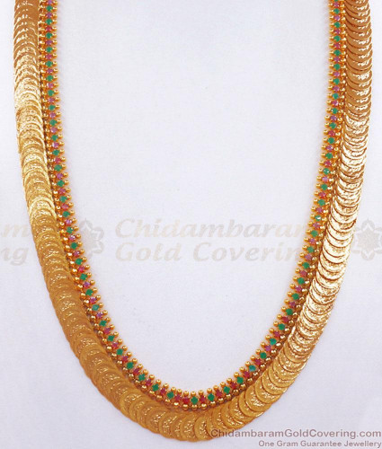 Buy Ruby Green Stone 1 Gram Gold Kasu Haram Lakshmi Coin Bridal Collections HR2843