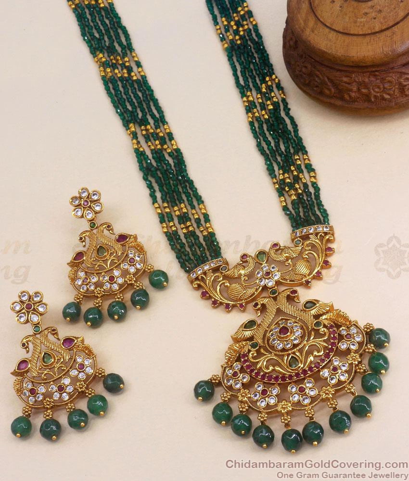 Multi Line Green Stone Gold Haram Peacock Designs Earring Combo HR2900