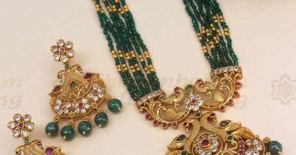 Multi Line Green Stone Gold Haram Peacock Designs Earring Combo HR2900