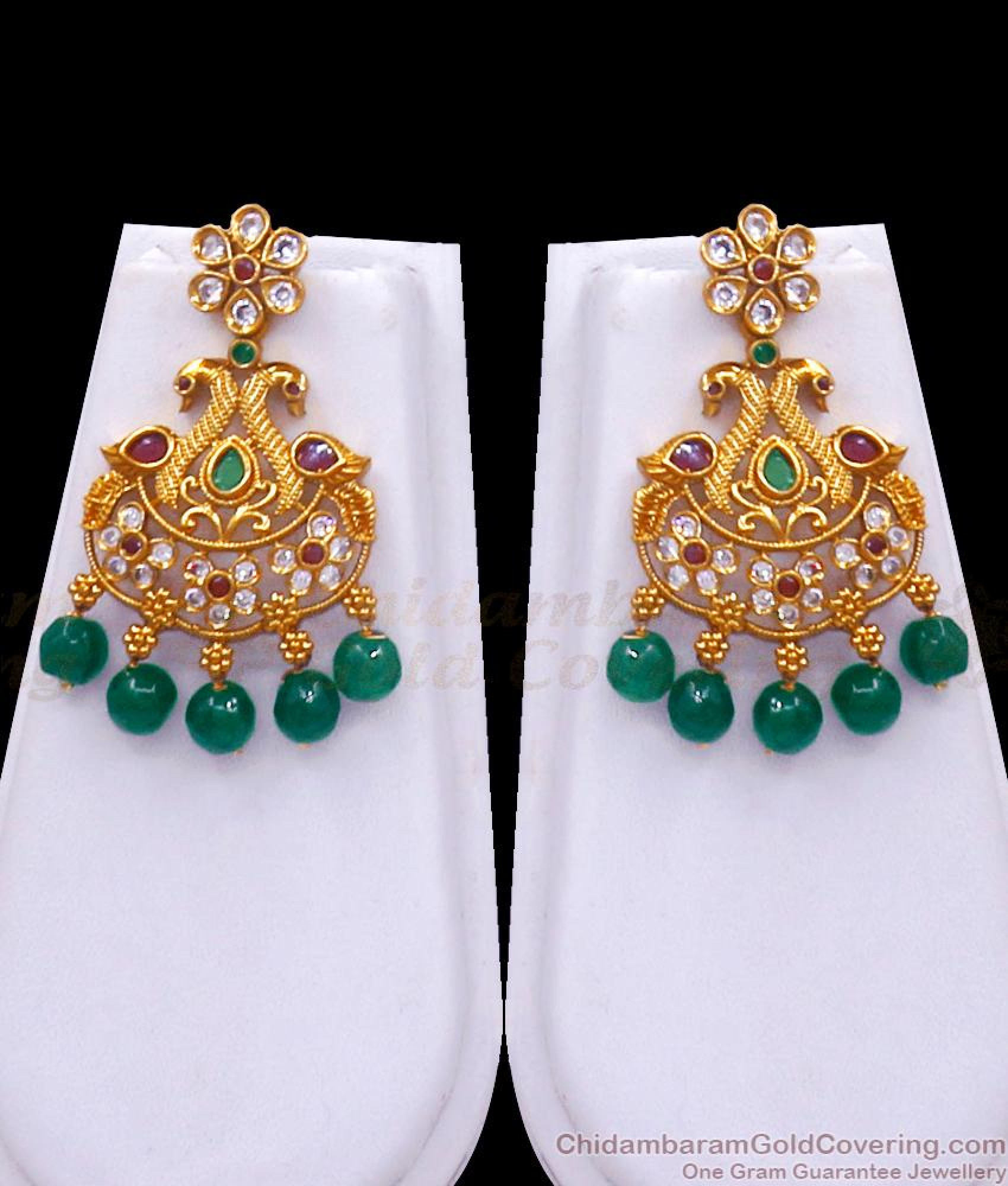 Multi Line Green Stone Gold Haram Peacock Designs Earring Combo HR2900