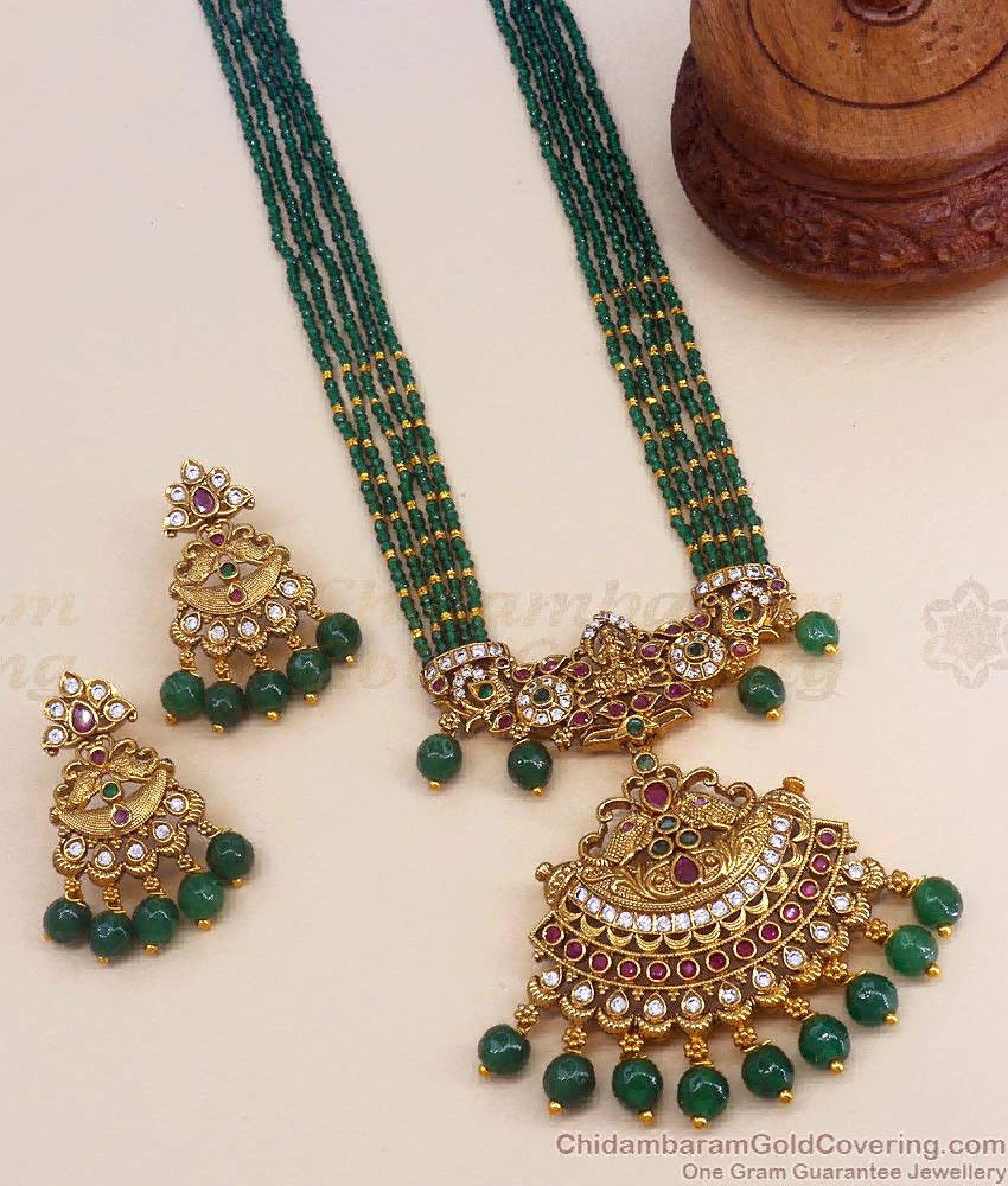 Gold Plated Victorian Haram Emerald Stone Pattern With Earrings HR2902